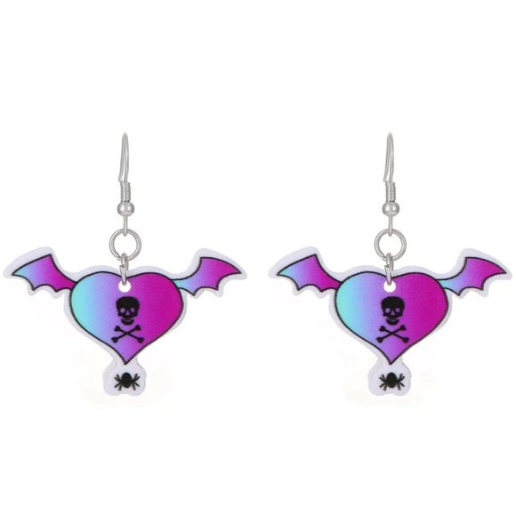 Jewelry | New Unique Goth Black Skull Heart Bat Earrings Black Purple ...